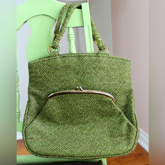 Vintage | Bags | Vintage 97s Olive Green Tweed Handbag With Gold ...